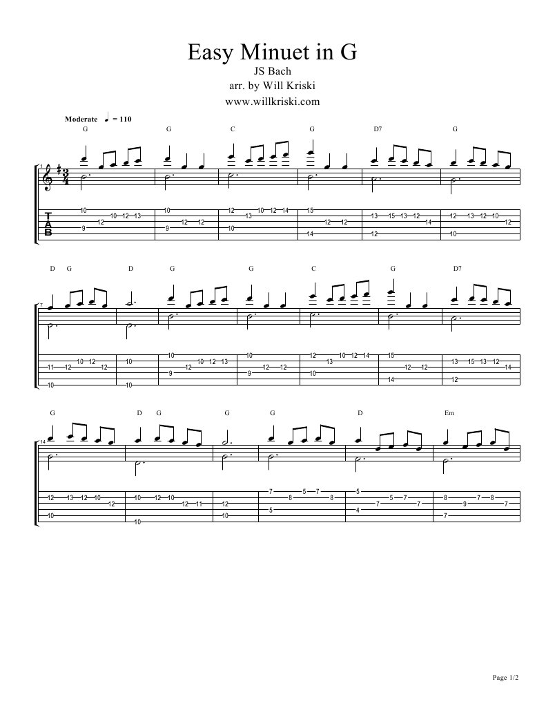 Easy Classical Guitar - Minuet in G | PDF | Guitar Family Instruments ...