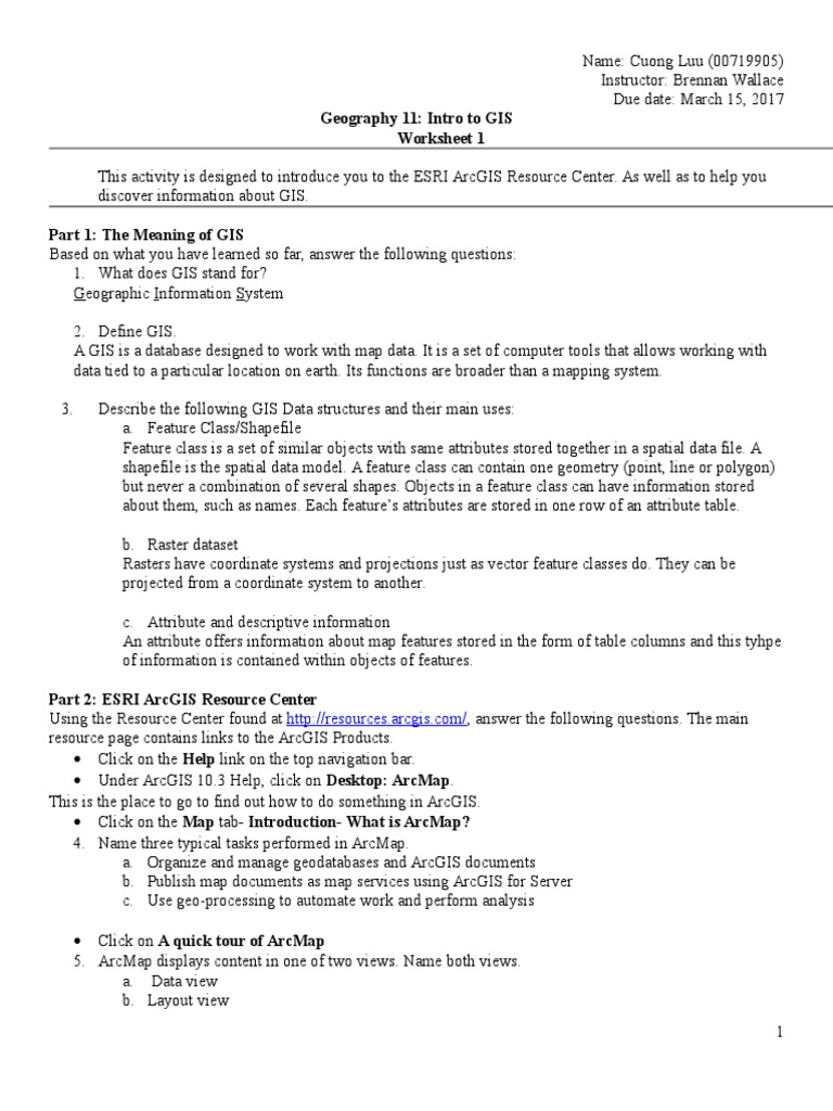 Geography 11: Intro To GIS Worksheet 1 | PDF | Arc Gis | Esri