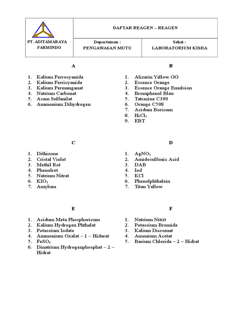Daftar Reagen Kimia Laboratorium | PDF