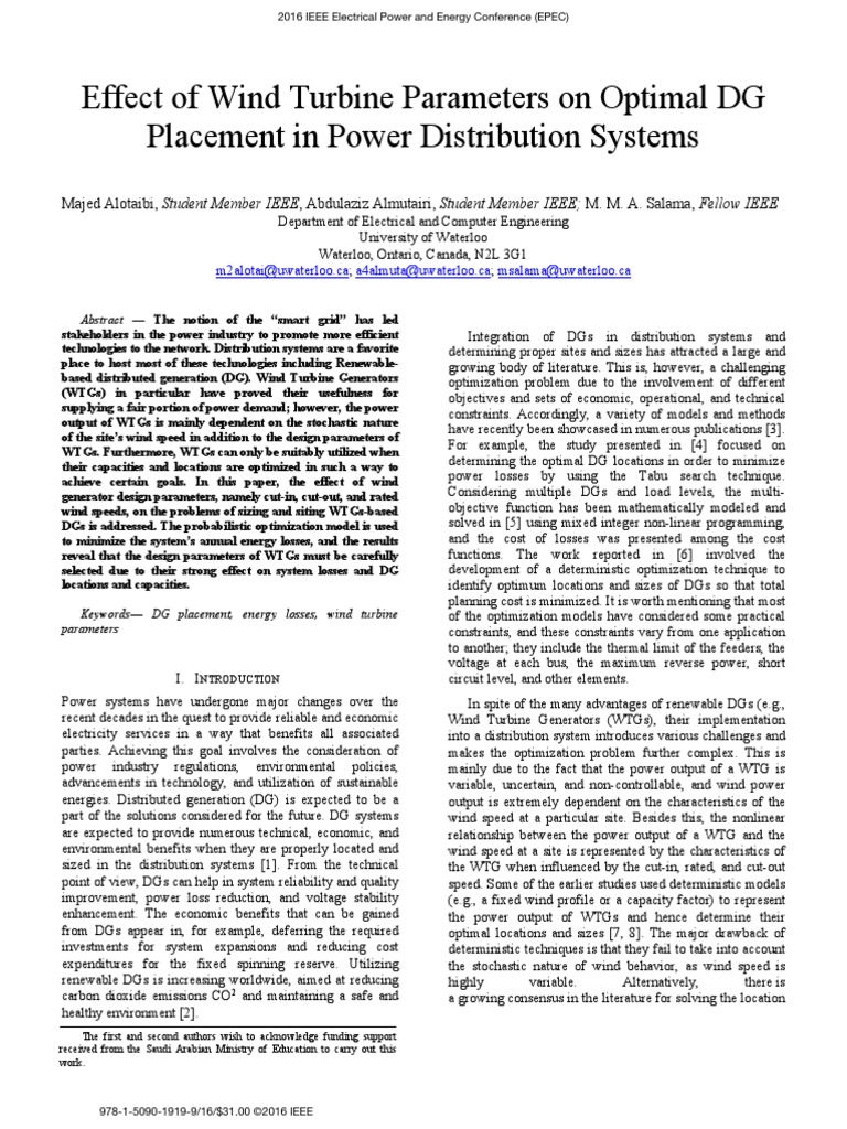 Effect of Wind Turbine Parameters On Optimal DG Placement in Power Distribution Systems | PDF ...