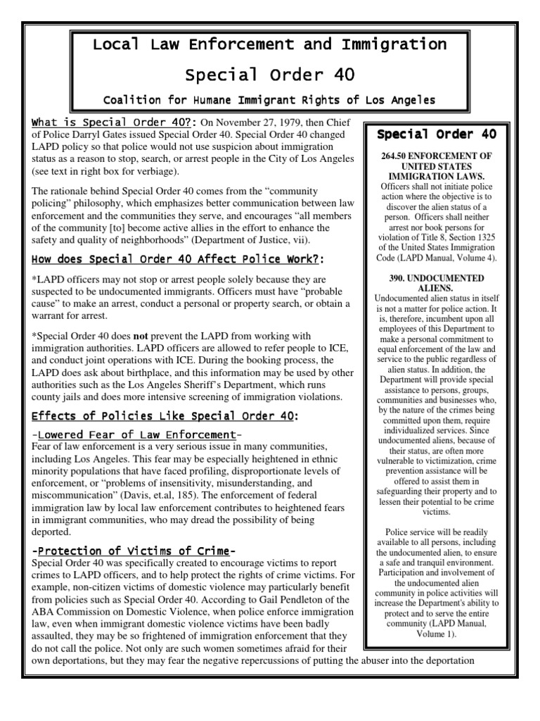 Local Law Enforcement and Immigration: Special Order 40 | PDF | Los ...