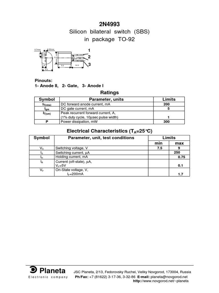Silicon Bilateral Switch (SBS) in Package TO-92: Planeta | PDF
