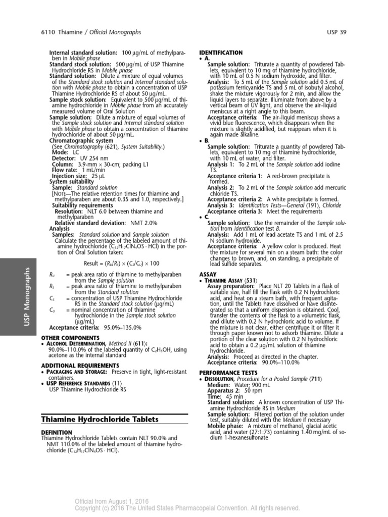 Thiamine HCL Tablets USP 39 | PDF | Chromatography | Elution