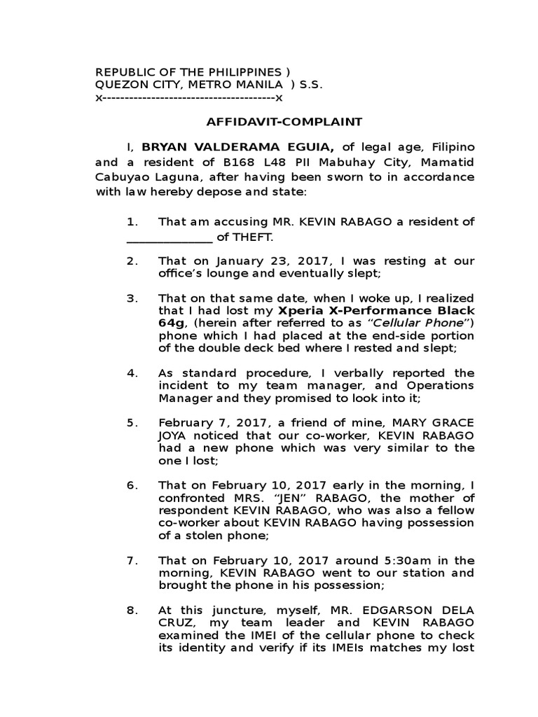 Sample Affidavit Complaint | Theft | Mobile Phones
