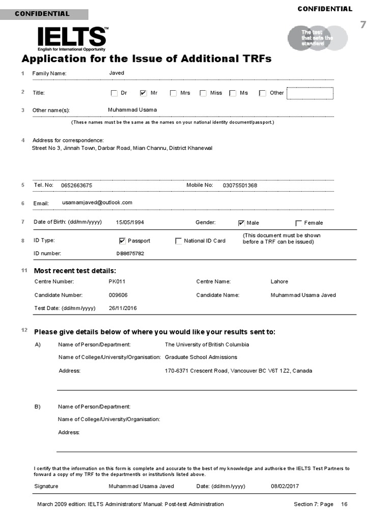Ielts Application For The Issue of Additional Trfs | PDF | Identity Document | Privacy