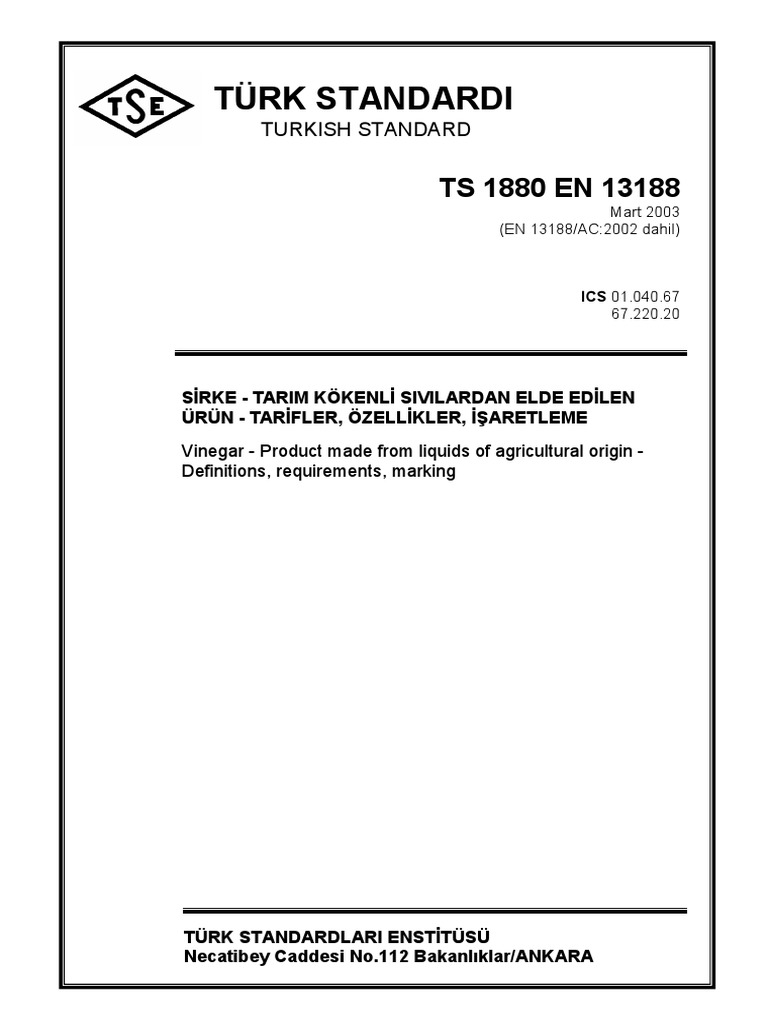 TS 1880 EN 13188 - 2003 Sirke | PDF