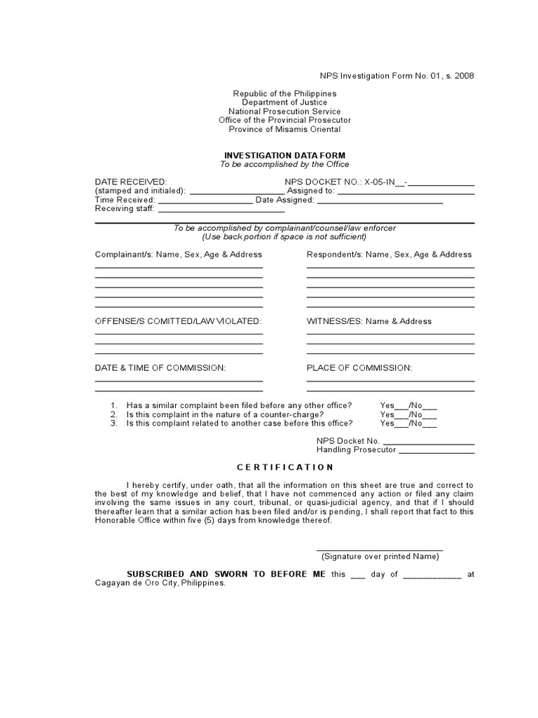 NPS Information Data Form | PDF | Prosecutor | Complaint