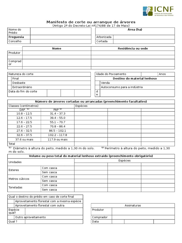 Manifesto de corte ou arranque de árvores para fins de aproveitamento ...