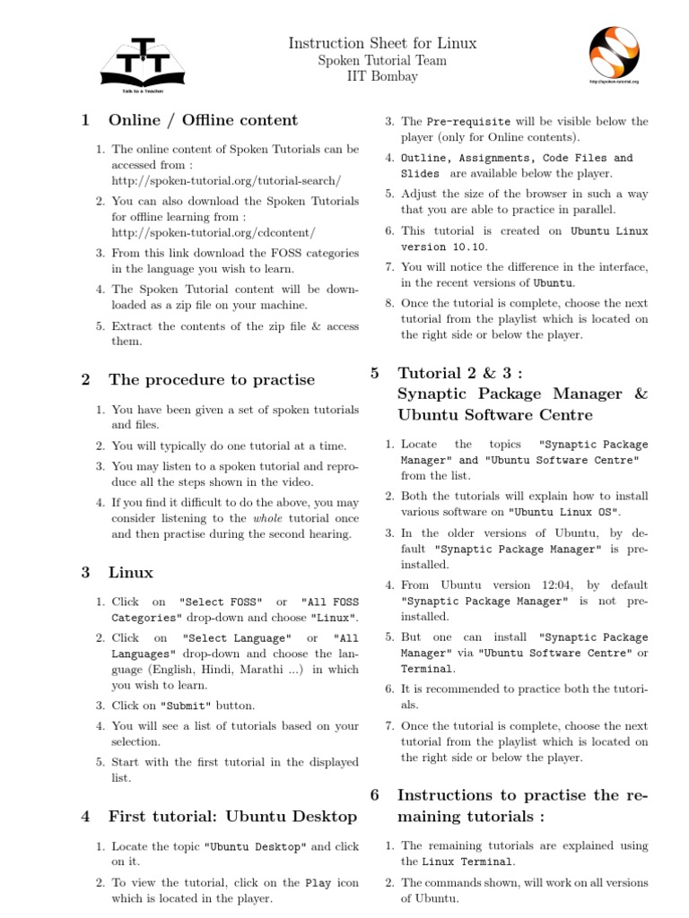 Instruction Sheet For Linux: Spoken Tutorial Team IIT Bombay | PDF | Ubuntu (Operating System ...
