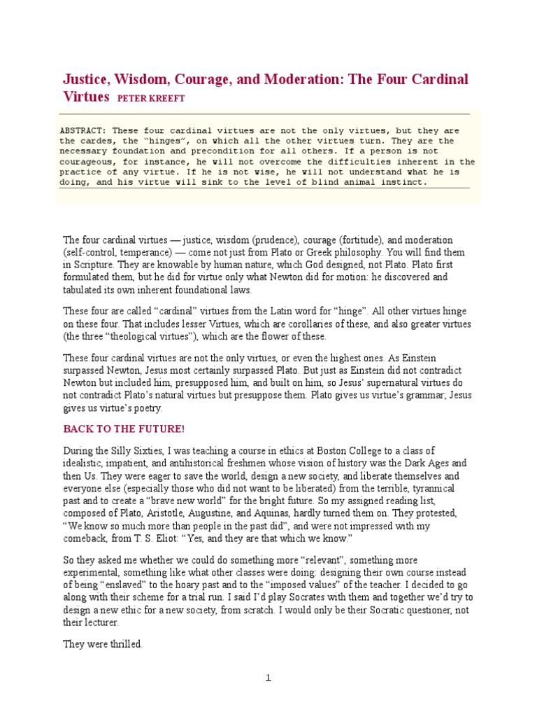 Kreeft Justice, Wisdom, Courage, Moderation Cardinal Virtues | PDF ...