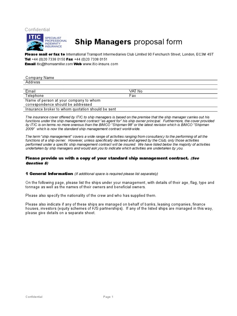 Ship Managers Insurance Proposal Form | PDF | Insurance | Industries