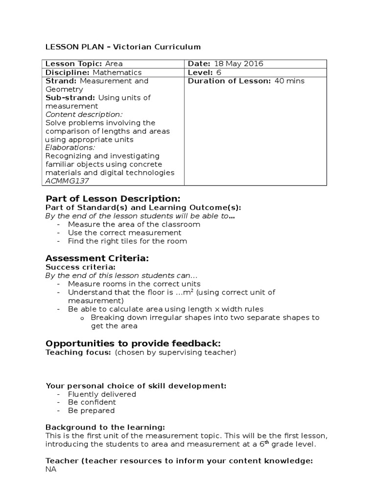5 4 Measurement Area | PDF | Lesson Plan | Teachers