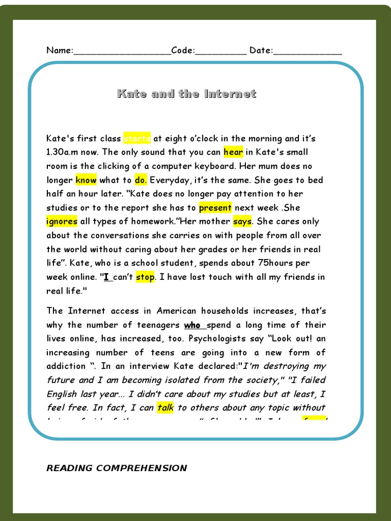 02 3 Reading-Comprehension Kate | PDF | Adolescence | Sentence ...