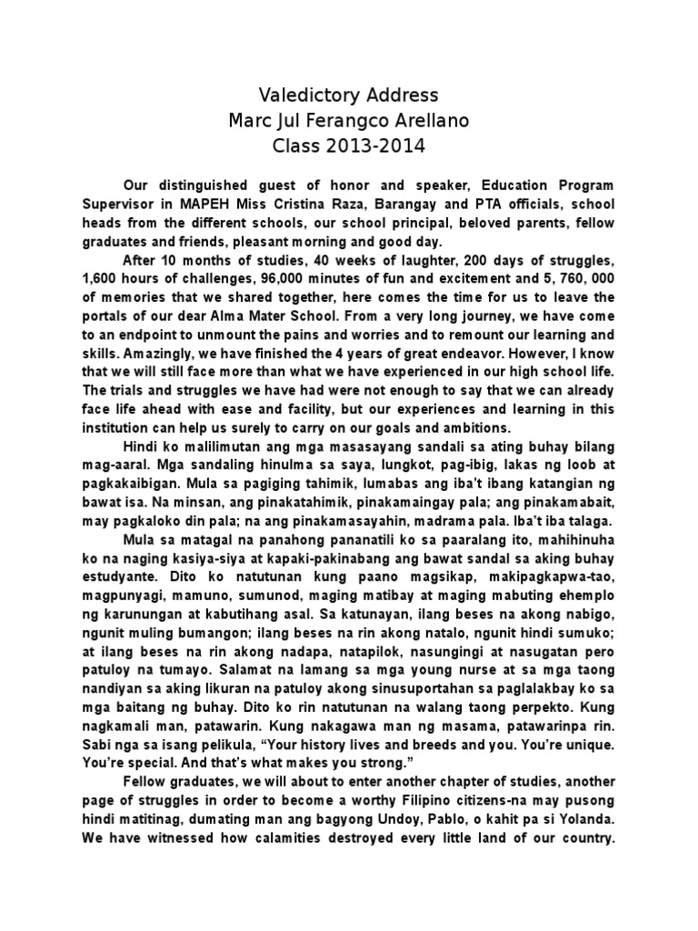 Valedictory Address Marc Jul Ferangco Arellano Class 2013-2014 | PDF