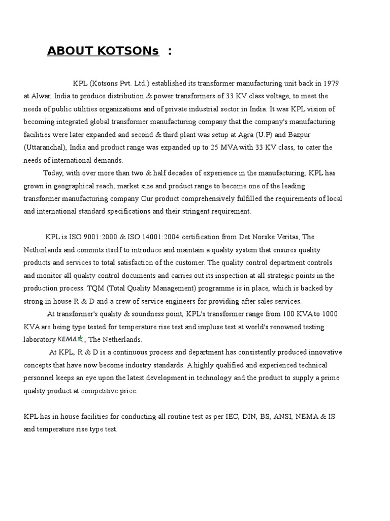 Kotsons Pvt. Ltd.: Transformer Manufacturing Overview | PDF ...