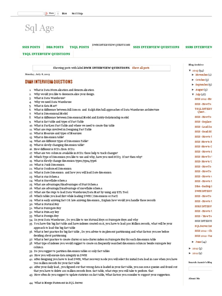 SQL Age - DWH Interview Questions | PDF | Data Warehouse | Database Index