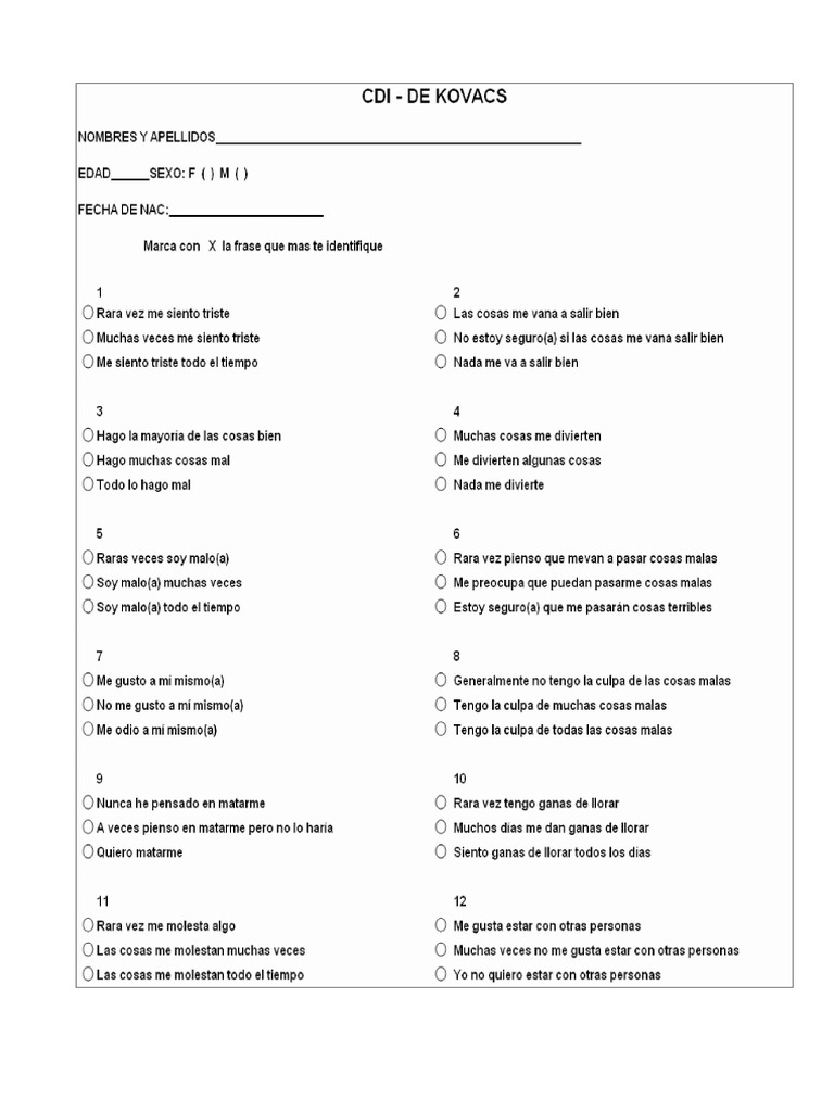 Evaluación de Depresión Infantil CDI | PDF | Depresión (estado de ánimo ...