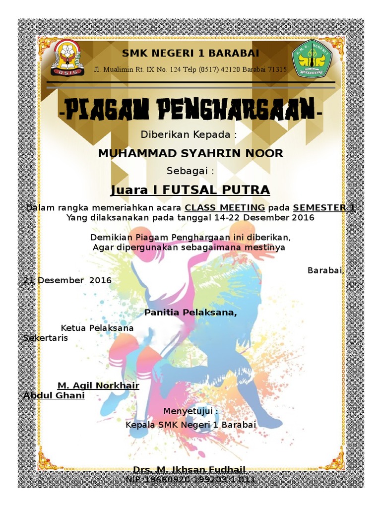 Piagam Classmeeting FUTSAL | PDF