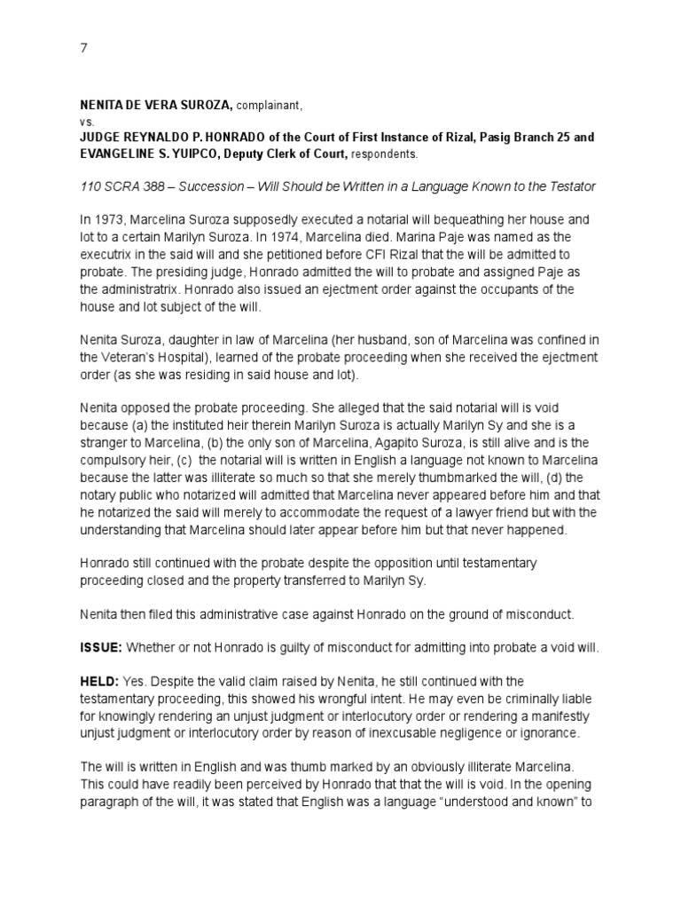 110 SCRA 388 - Succession - Will Should Be Written in A Language Known ...