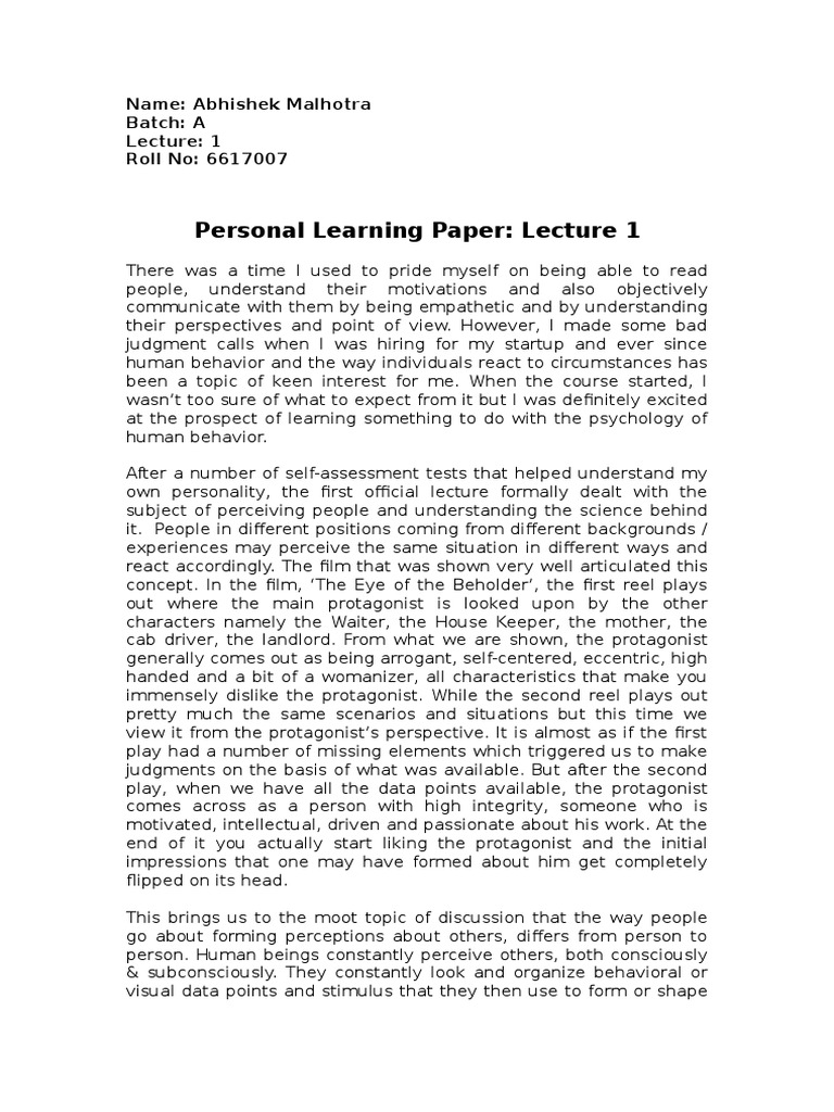 Personal Learning Paper - OB Lectures 1 & 2 | PDF | Perception | Motivation
