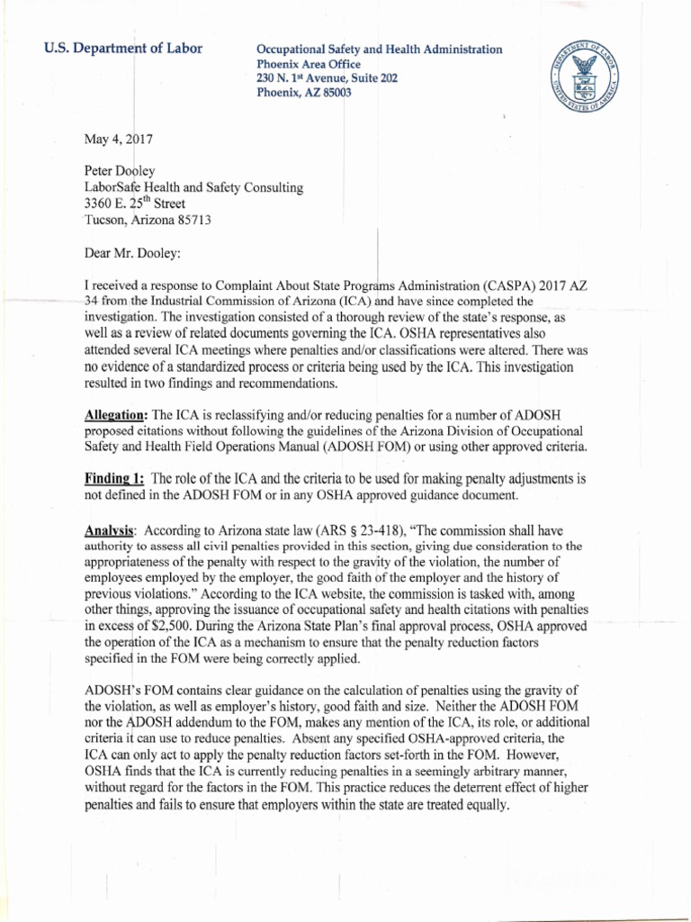 OSHA Response AZ CASPA May 2017 | Occupational Safety And Health ...