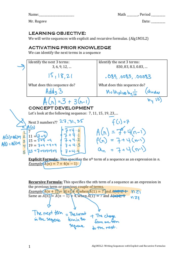 Alg1m3l2 - Writing Sequences With Recursive and Explicit Formulas 2 ...