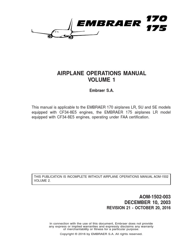 Embraer 170-175 Airplane Operations Manual Volume 1 | PDF | Aviation ...