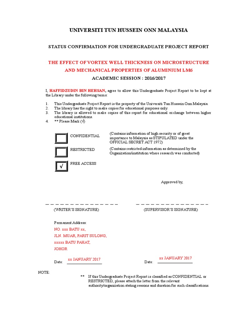 Example - Declaration of Thesis Status & Blank Page (BI) | PDF