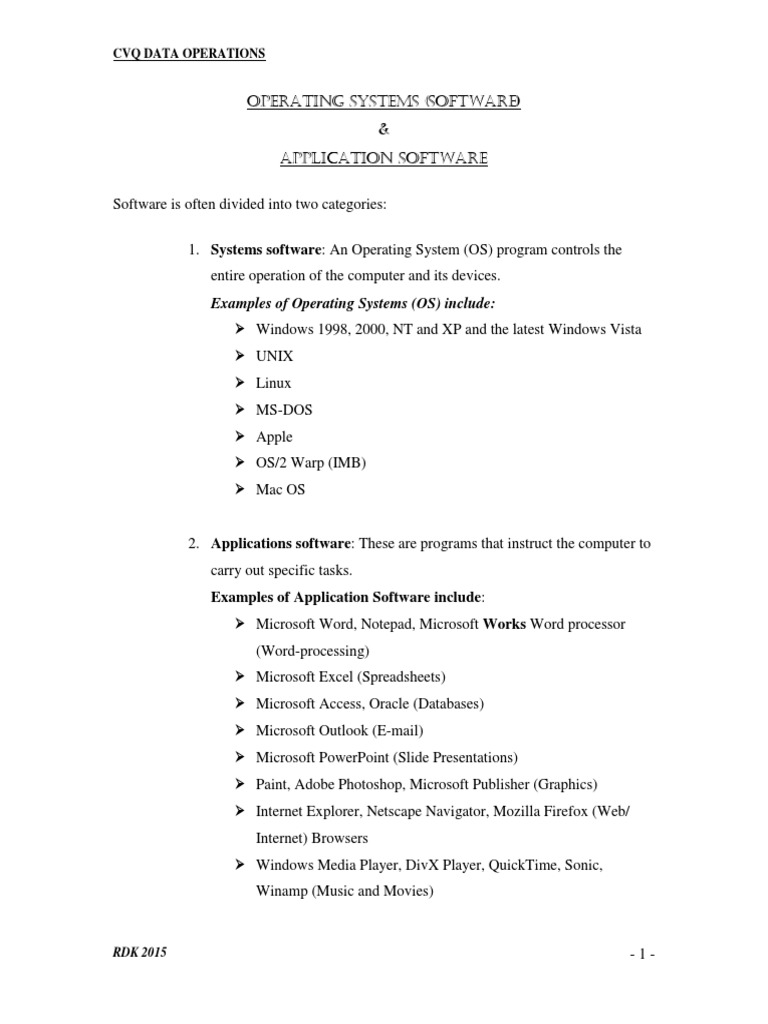 Examples of Operating Systems (OS) Include:: CVQ Data Operations | PDF