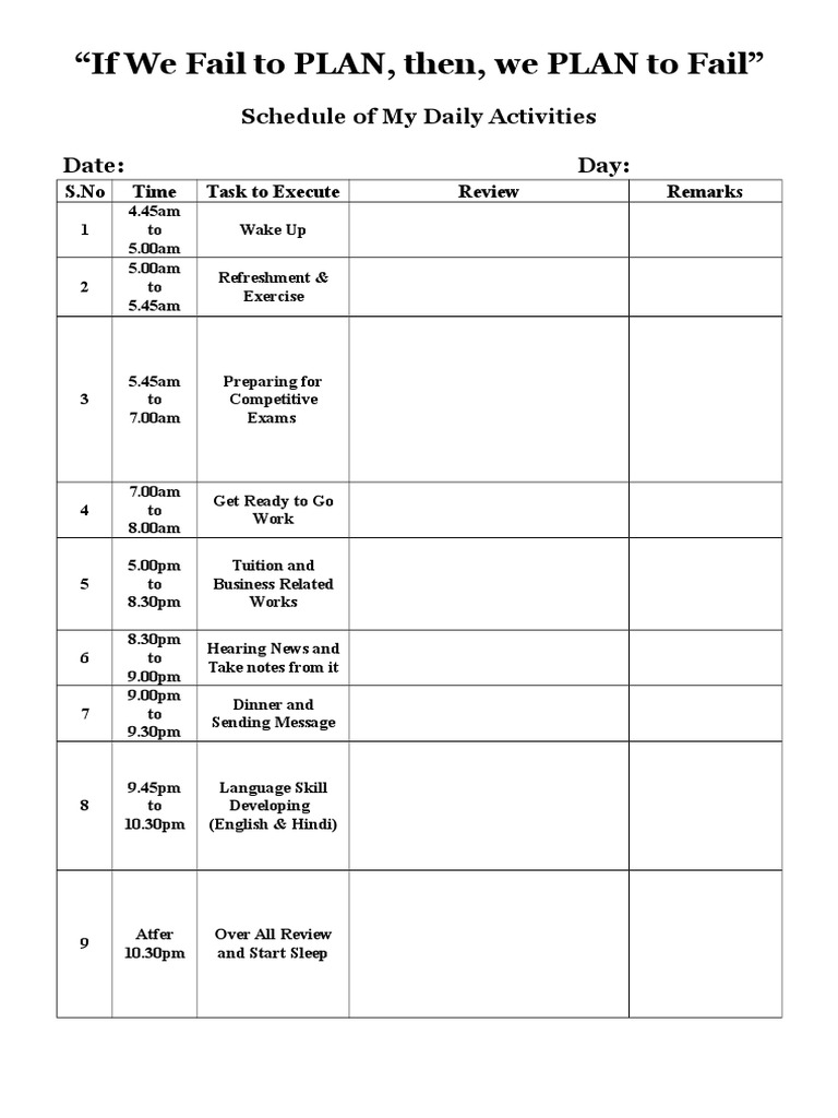 "If We Fail To PLAN, Then, We PLAN To Fail": Schedule of My Daily ...