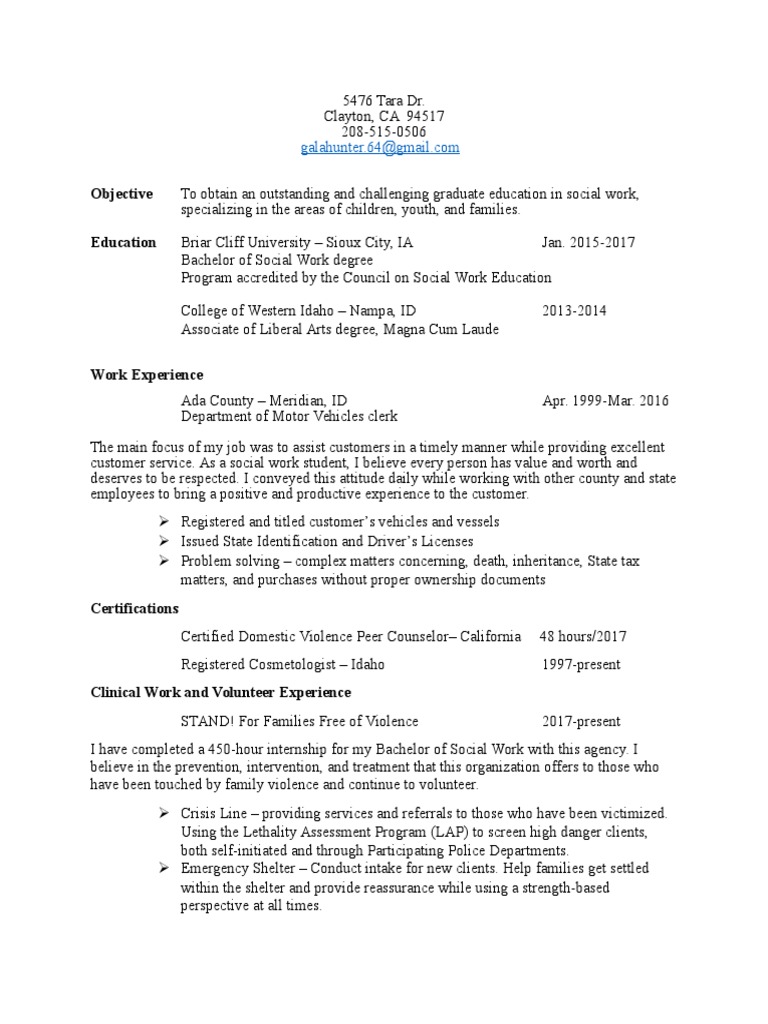Resume Post Graduation-Bsw-Bcu | PDF | Social Work | Domestic Violence