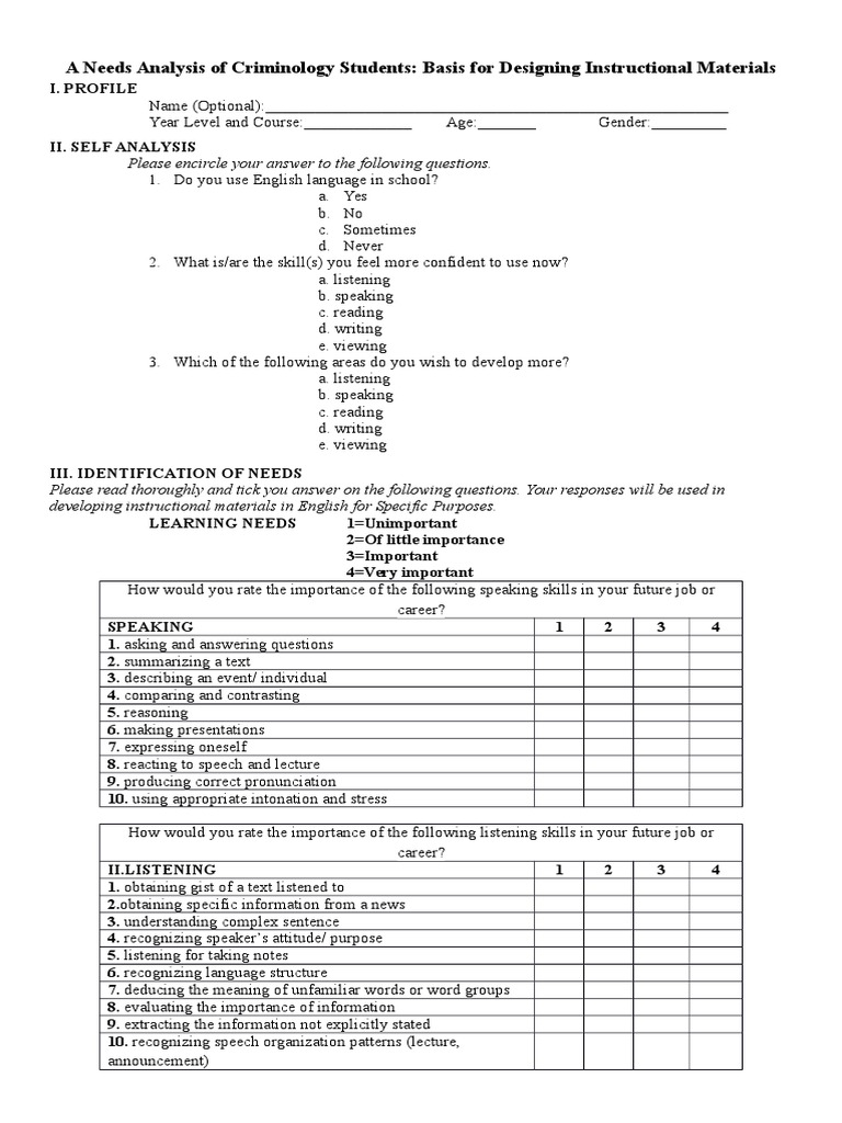 ESP Questionnaire For CRIM Students | PDF | Reading (Process) | Question