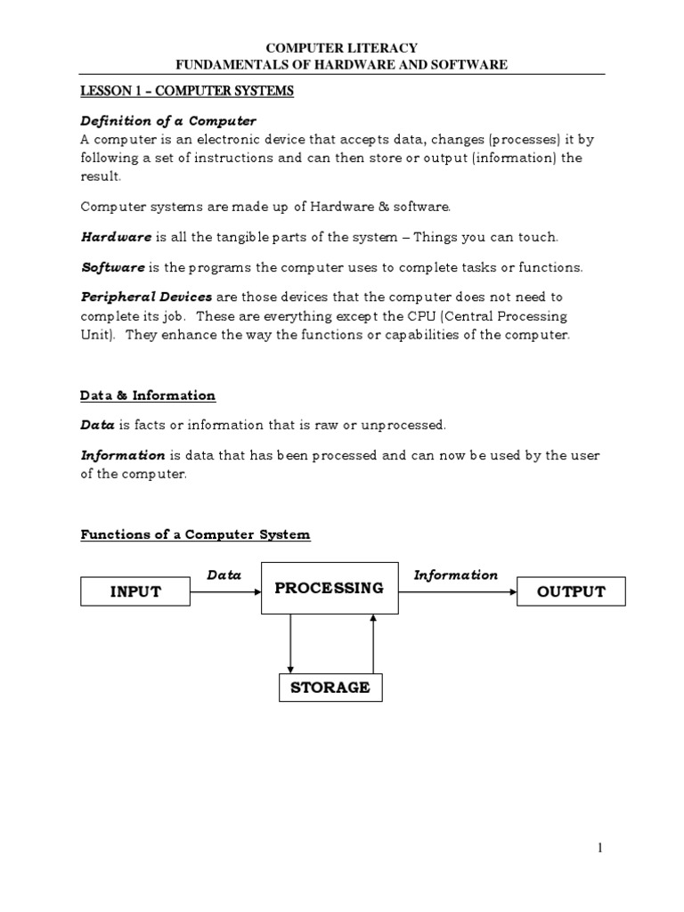 Computer Literacy - Lesson 1 - Computer Systems | PDF | Input/Output | Computer Hardware