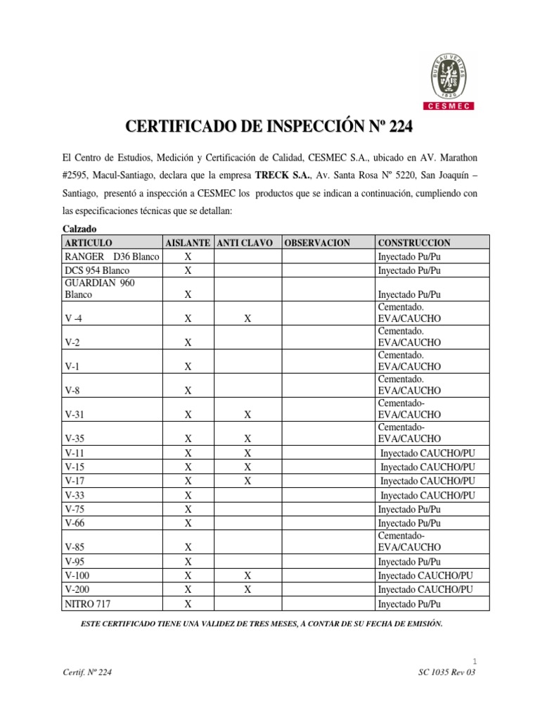 Certificacion Cesmec 2017 Zapatos | PDF