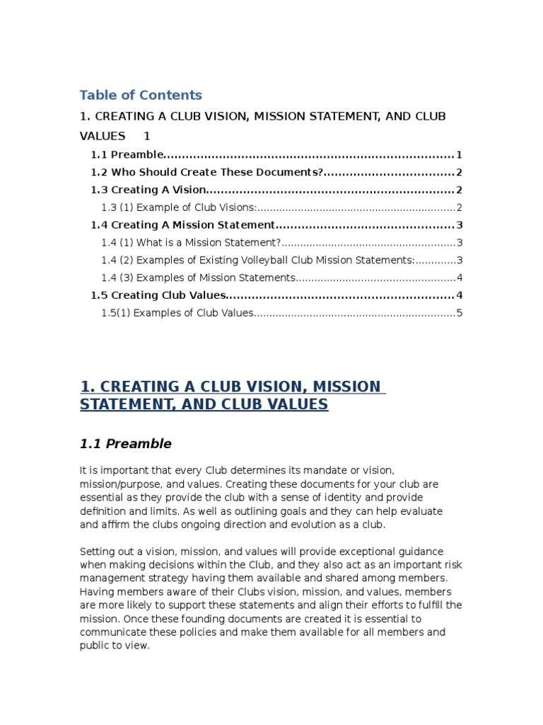 Creating A Club Vision Mission Statement and Values | PDF | Value ...