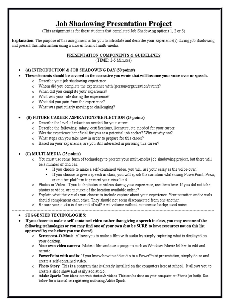 English 2 Unit 4b Job Shadowing Presentation Project and Rubric | PDF ...