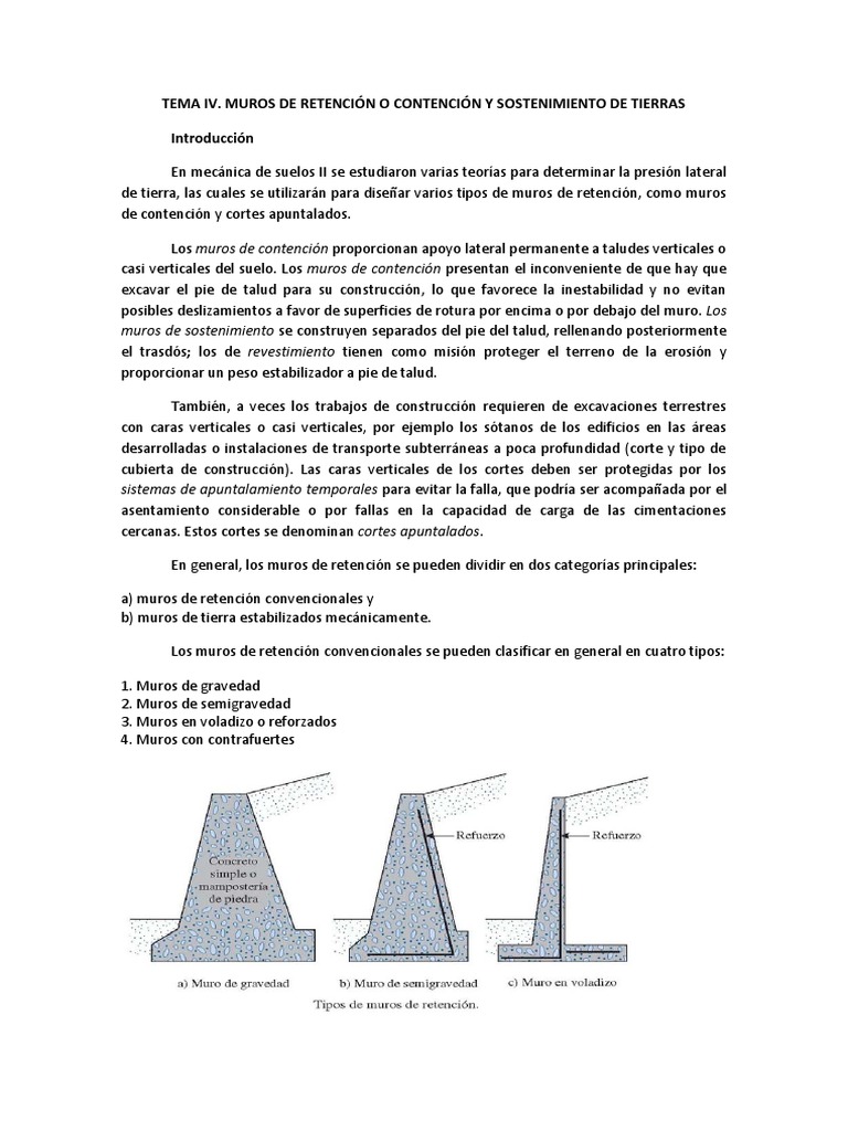 Tema IV. Muros de Contención y Sostenimiento de Tierras | Descargar ...