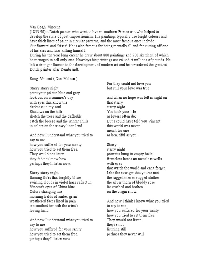 Van Gogh, Handout | PDF | Paintings | Plastic Arts