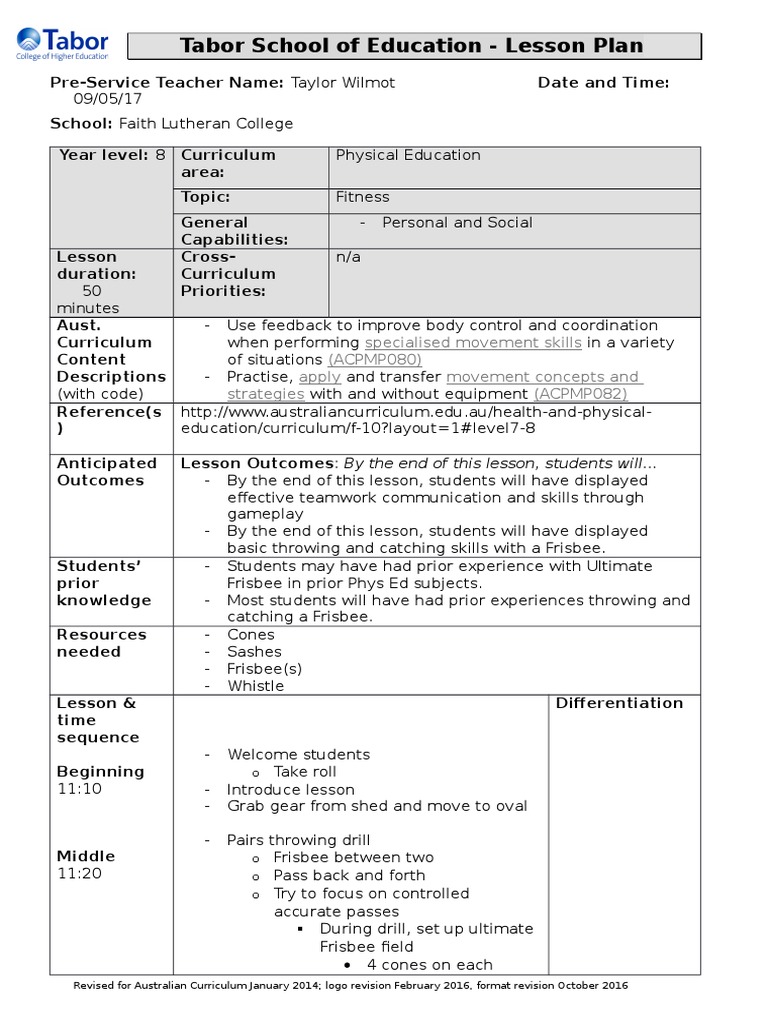 Grade 8 PE Lesson Plan: Ultimate Frisbee | PDF | Physical Education ...