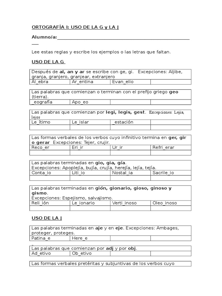 103 - Ortografía II Uso de La G y La J | Descargar gratis PDF ...