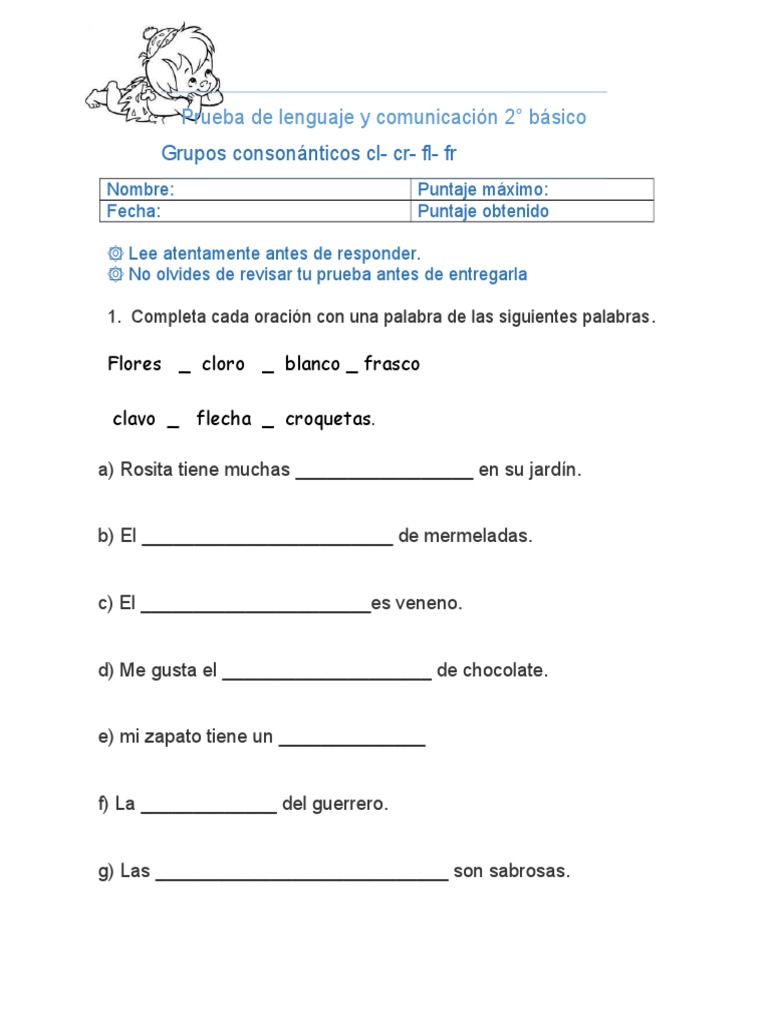 Prueba Grupo Consonantico CL CR FR FL | PDF