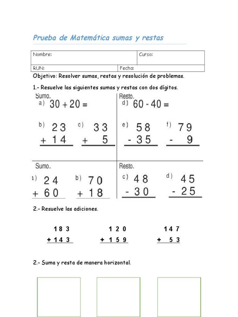 Prueba de Sumas y Restas 2 Basico