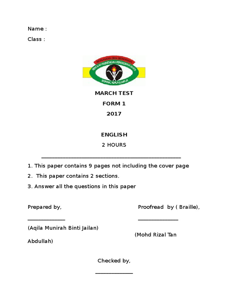Cover Page Exam Paper English | PDF