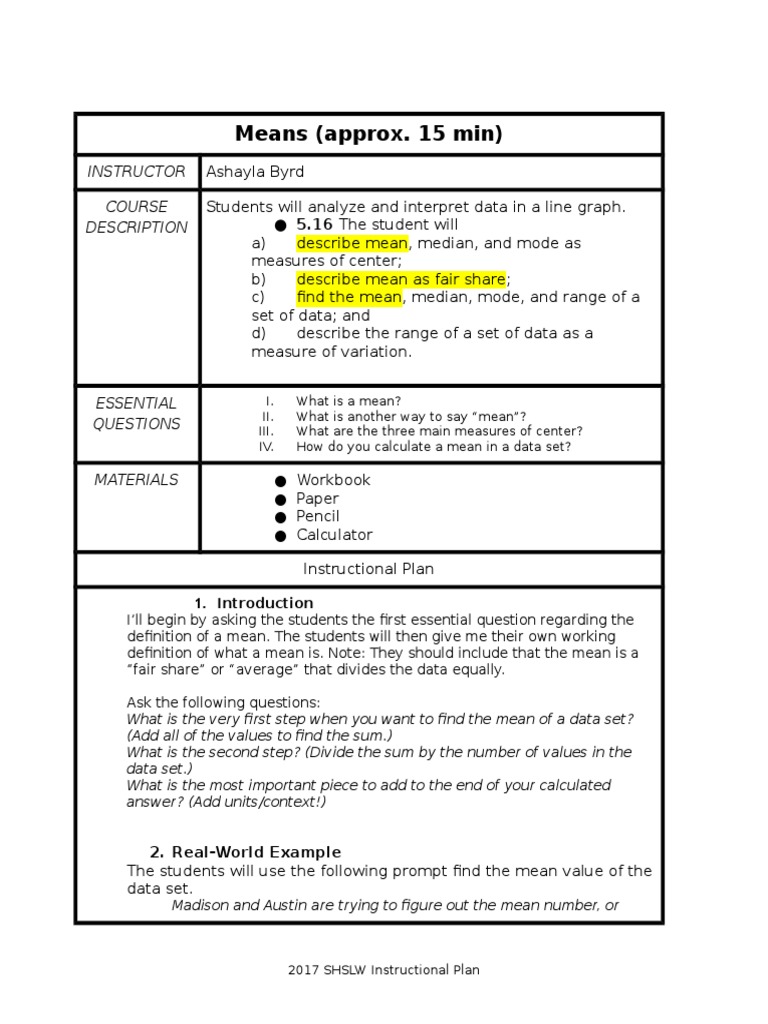 Means Lesson Plan | PDF