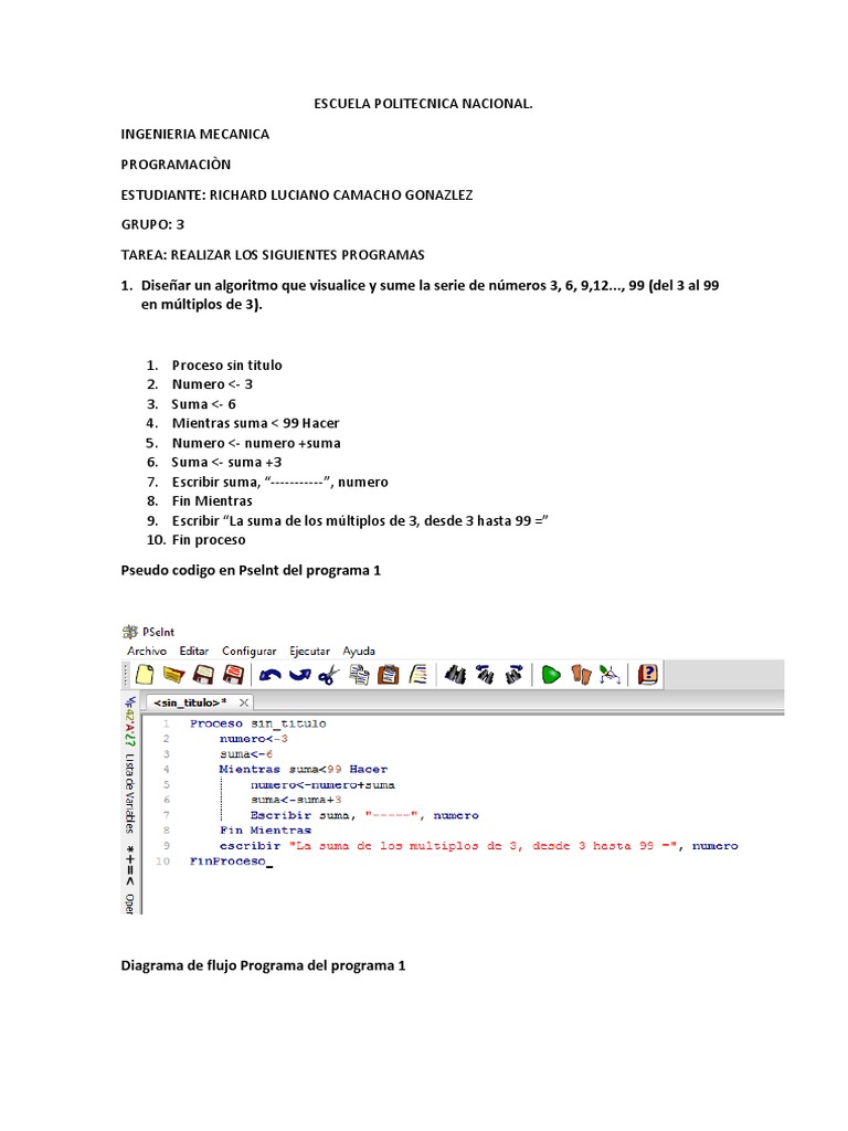 Deber, Ejercicios Pseudocodigo | PDF | Fracción (Matemáticas) | División (Matemáticas)