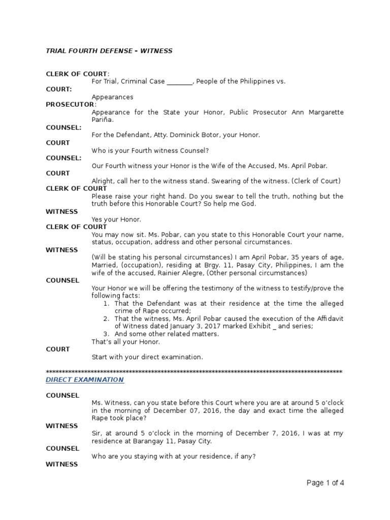 Direct Examination 4th Witness Defense | Witness | Criminal Law