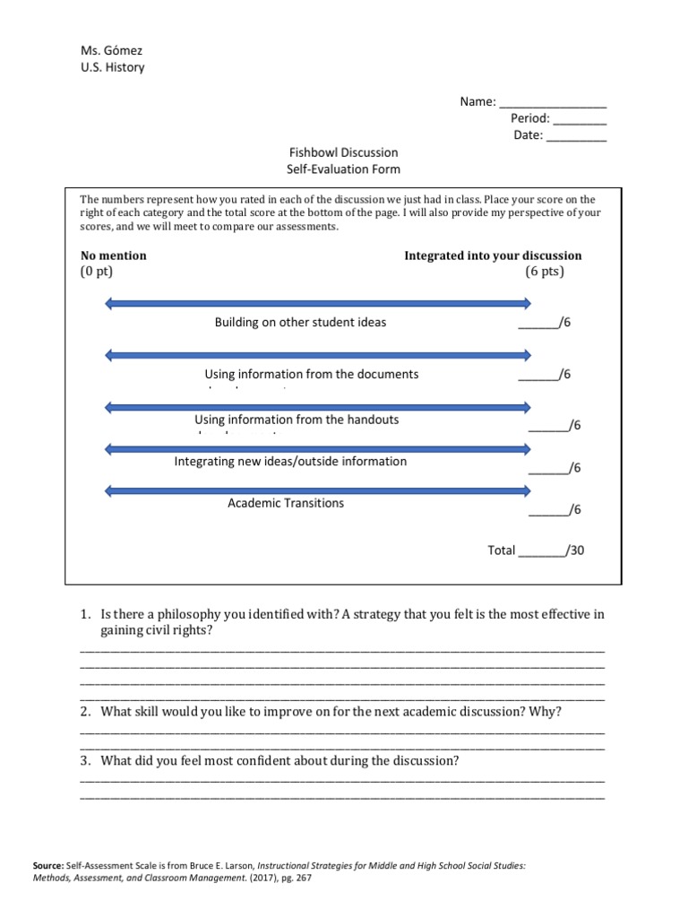 Edsc 442s - Fishbowl Discussion Self-Evaluation Form | PDF | Education ...