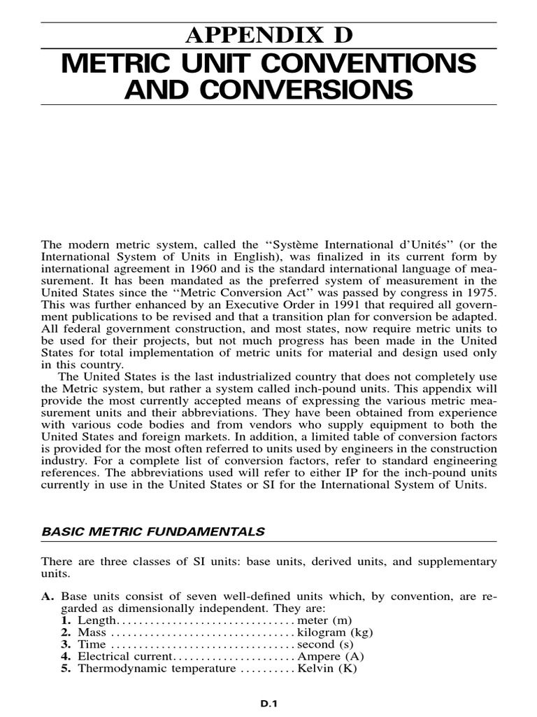 Metric Unit Conventions and Conversions: Appendix D | PDF ...