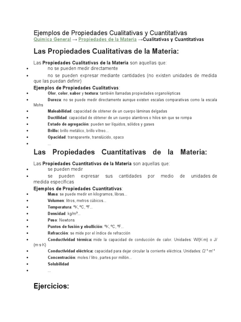 Ejemplos de Propiedades Cualitativas y Cuantitativas | Materia | Densidad