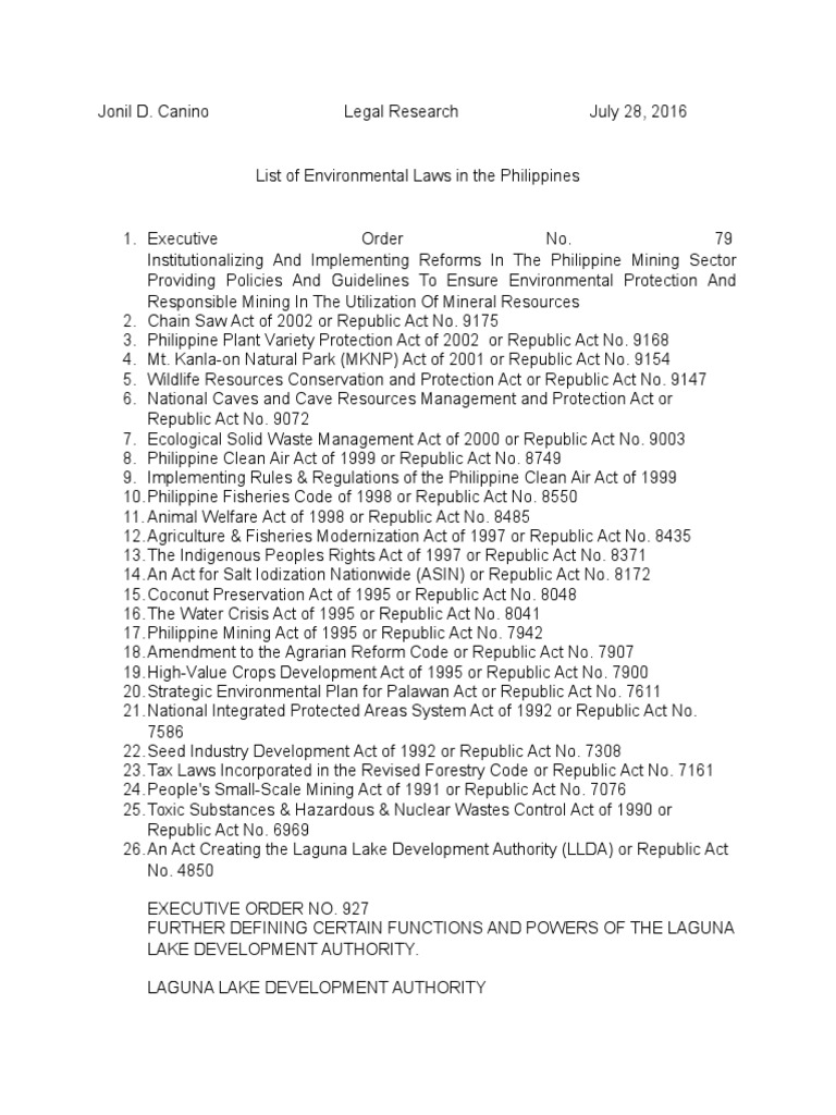 Comprehensive List of Philippine Environmental Laws | PDF ...